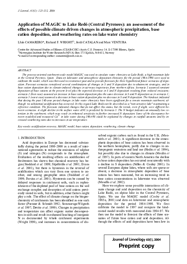 (PDF) Application of MAGIC to Lake Redó (Central Pyrenees): an ...