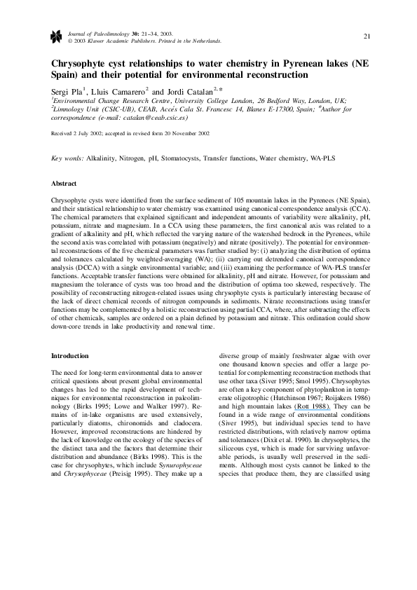 (PDF) Chrysophyte cyst relationships to water chemistry in Pyrenean ...