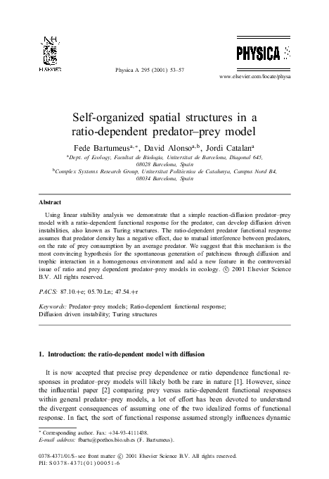 Pdf Self Organized Spatial Structures In A Ratio Dependent Predator
