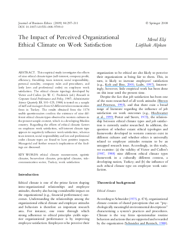 (PDF) The impact of perceived organizational ethical climate on work ...