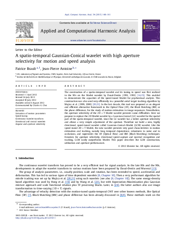 (PDF) A spatio-temporal Gaussian-Conical wavelet with high aperture selectivity for motion and ...
