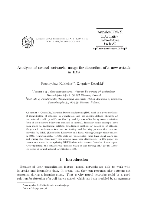 (PDF) Analysis of neural networks usage for detection of a new attack in IDS | Zbigniew Kotulski ...