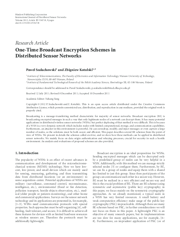 Pdf One Time Broadcast Encryption Schemes In Distributed Sensor Networks