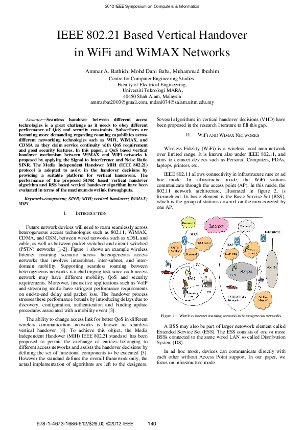 (PDF) IEEE 802.21 based vertical handover in WiFi and WiMAX networks