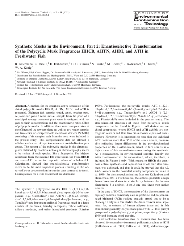 (PDF) Synthetic Musks in the Environment. Part 2: Enantioselective ...