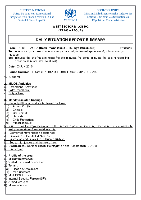 WEST SECTOR MILOB HQ (TS 108 – PAOUA) DAILY SITUATION REPORT SUMMARY