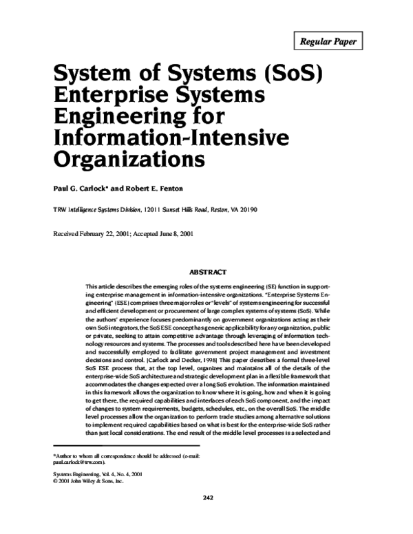 (PDF) System of Systems (SoS) enterprise systems engineering for ...