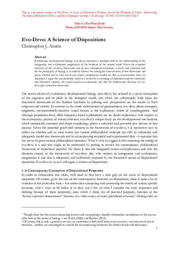 (PDF) Evo-Devo: A Science of Dispositions