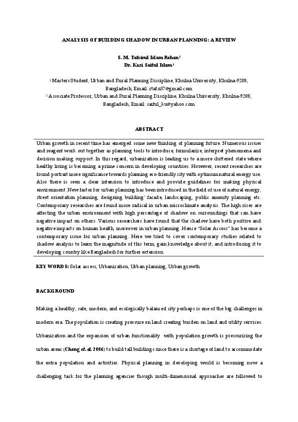 (PDF) ANALYSIS OF BUILDING SHADOW IN URBAN PLANNING: A REVIEW