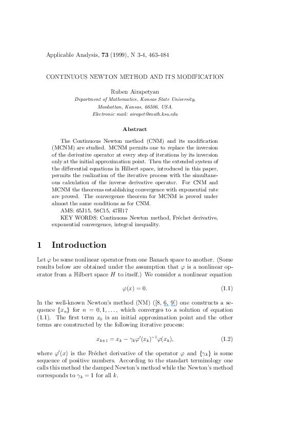 (PDF) Continuous Newton Method And Its Modification