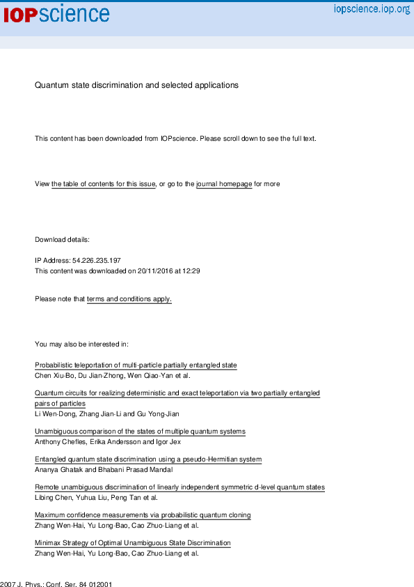 (PDF) Quantum state discrimination and selected applications