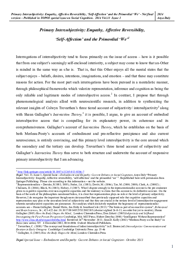 (PDF) Primary Intersubjectivity: Empathy, Affective Reversibility, Self ...