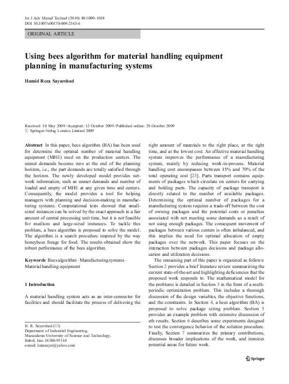 Pdf Using Bees Algorithm For Material Handling Equipment Planning In Manufacturing Systems