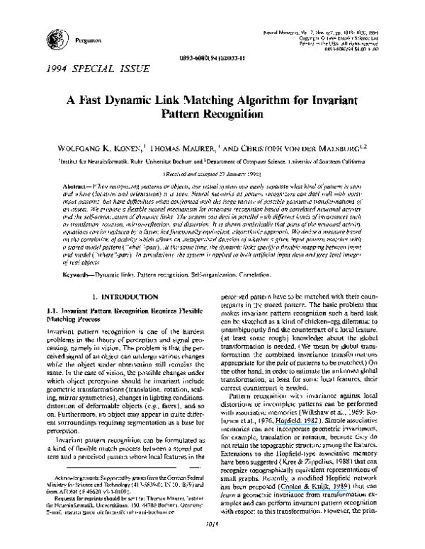 Pdf A Fast Dynamic Link Matching Algorithm For Invariant Pattern Recognition
