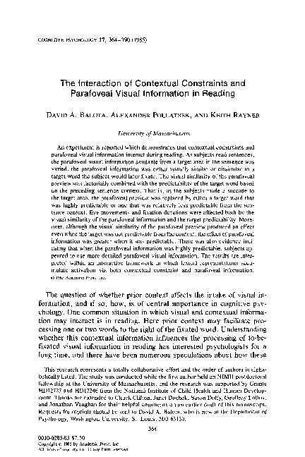 (PDF) The interaction of contextual constraints and parafoveal visual information in reading