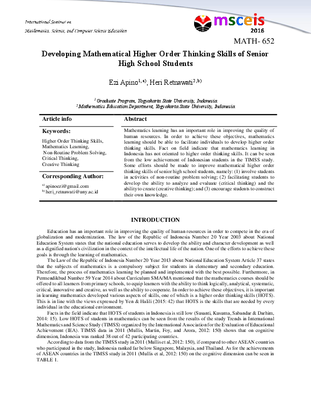 (PDF) Developing Mathematical Higher Order Thinking Skills of Senior ...