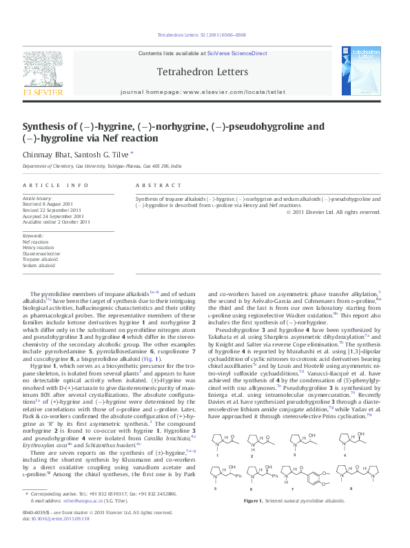 Pdf Synthesis Of − Hygrine − Norhygrine − Pseudohygroline And
