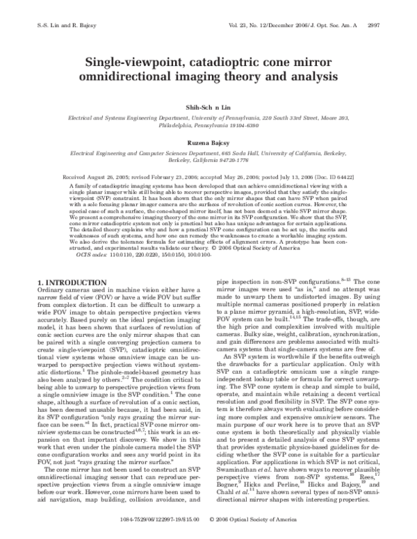 Pdf Single Viewpoint Catadioptric Cone Mirror Omnidirectional Imaging Theory And Analysis