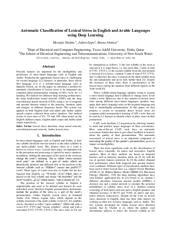 (PDF) Automatic Classification of Lexical Stress in English and Arabic Languages using Deep Learning