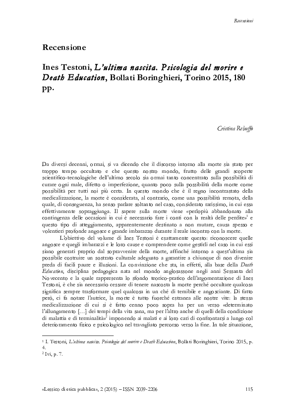 (PDF) [Book Review] Ines Testoni, "L'ultima nascita. Psicologia del ...