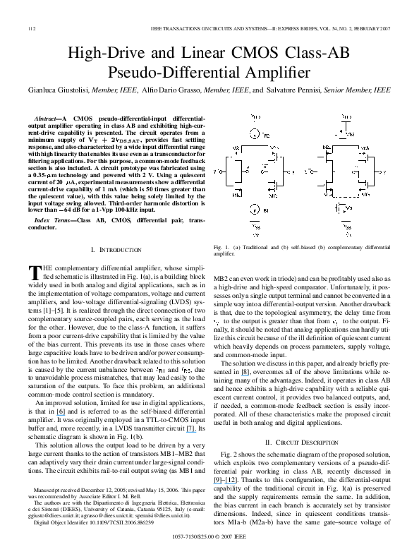 Pdf High Drive And Linear Cmos Class Ab Pseudo Differential Amplifier