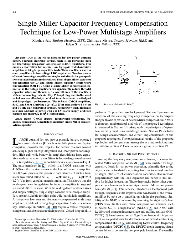 (PDF) Single Miller capacitor frequency compensation technique for low ...