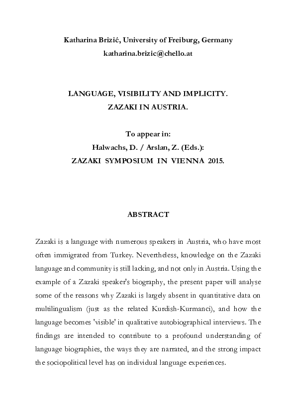 (PDF) Brizić, K. (2016): LANGUAGE, VISIBILITY AND IMPLICITY. ZAZAKI IN ...