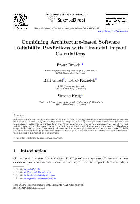 Pdf Combining Architecture Based Software Reliability Predictions