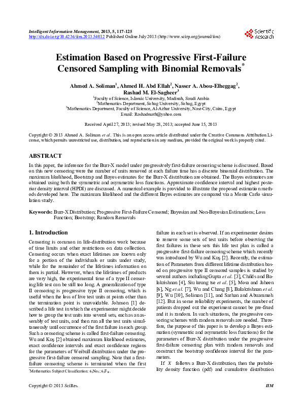 (PDF) Estimation Based on Progressive First-Failure Censored Sampling with Binomial Removals