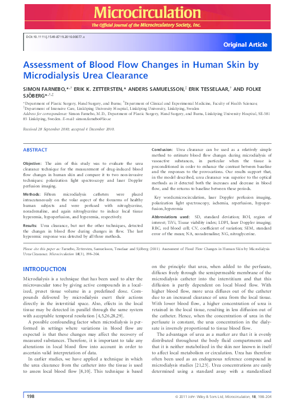 (PDF) Assessment of Blood Flow Changes in Human Skin by Microdialysis ...