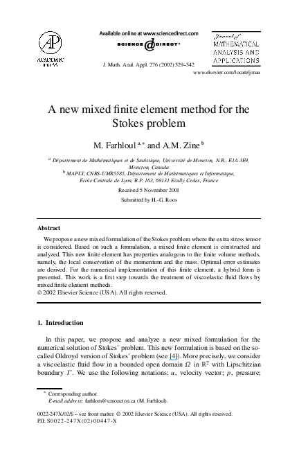 (PDF) A new mixed finite element method for the Stokes problem