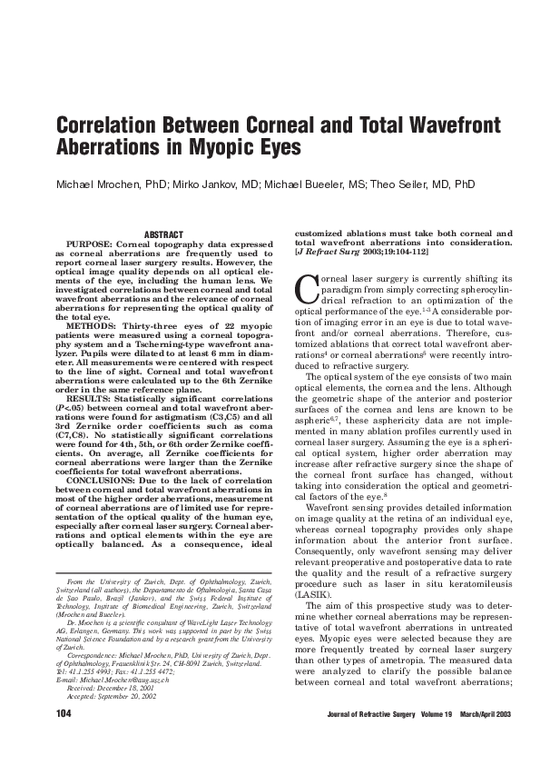 (PDF) Correlation between corneal and total wavefront aberrations in myopic eyes