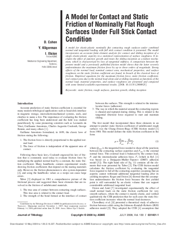 Pdf A Model For Contact And Static Friction Of Nominally Flat Rough Surfaces Under Full Stick