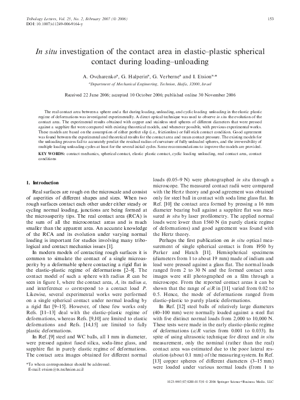 (PDF) In situ investigation of the contact area in elastic–plastic spherical contact during ...