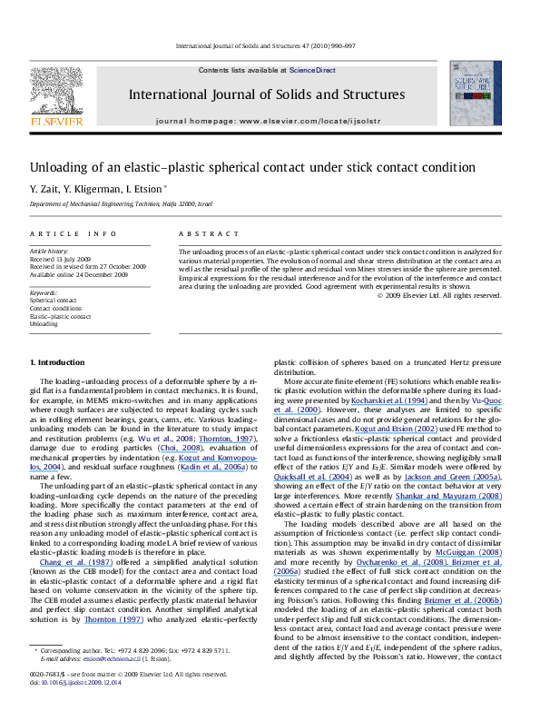 (PDF) Unloading of an elastic–plastic spherical contact under stick contact condition