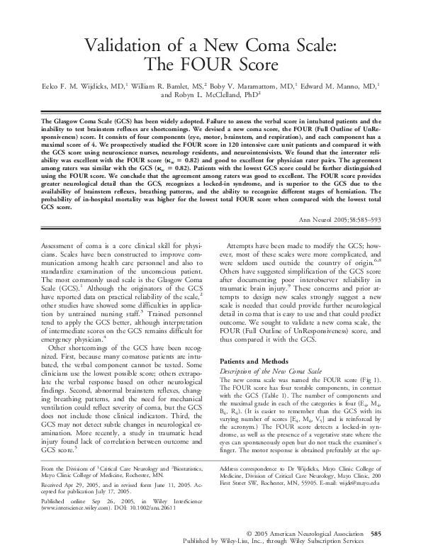 (PDF) Validation of a New Coma Scale: The FOUR Score