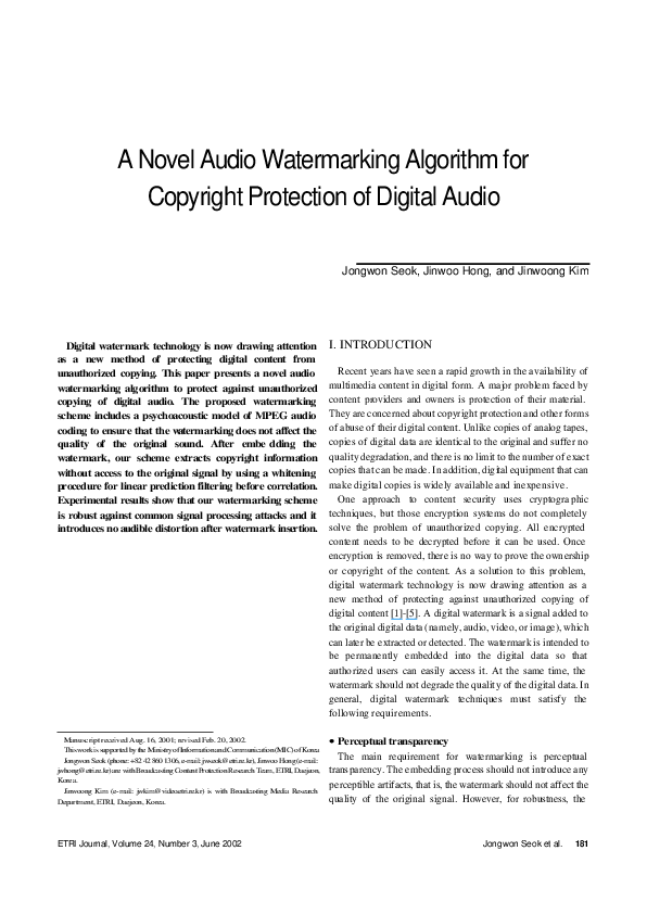 Pdf A Novel Audio Watermarking Algorithm For Copyright Protection Of Digital Audio