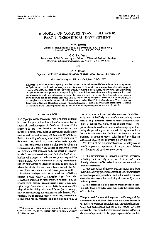 (PDF) A model of complex travel behavior: Part I—Theoretical development