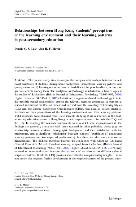 (PDF) Relationships between Hong Kong students’ perceptions of the learning environment and ...