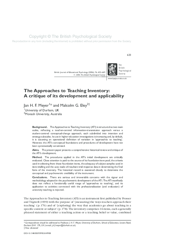 (PDF) The Approaches to Teaching Inventory: A critique of its ...