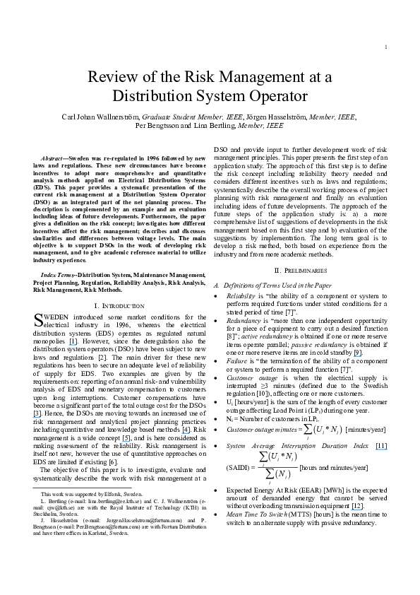 (PDF) Review of the Risk Management at a Distribution System Operator