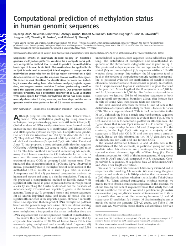 Pdf Computational Prediction Of Methylation Status In Human Genomic Sequences