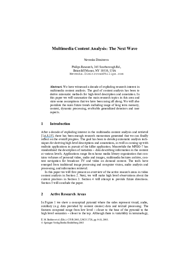 (PDF) Multimedia Content Analysis: The Next Wave