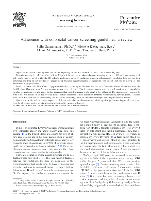 (PDF) Adherence with colorectal cancer screening guidelines: a review