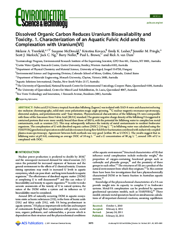 (PDF) Dissolved Organic Carbon Reduces Uranium Bioavailability and Toxicity. 1. Characterization ...