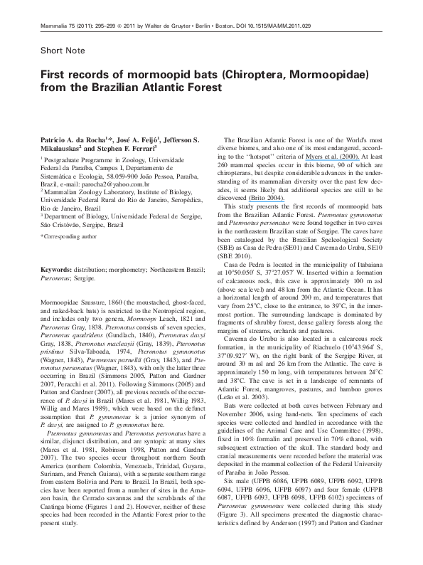 (PDF) First records of mormoopid bats (Chiroptera, Mormoopidae) from ...