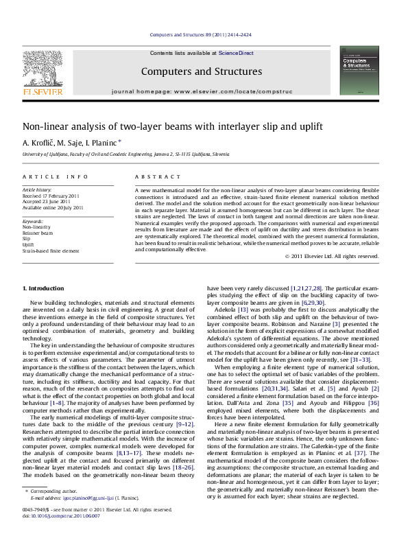(PDF) Non-linear analysis of two-layer beams with interlayer slip and uplift