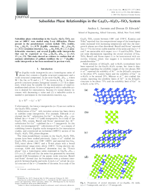(PDF) Subsolidus Phase Relationships in the Ga2O3Al2O3-TiO2 System