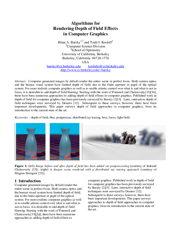 Pdf Algorithms For Rendering Depth Of Field Effects In Computer Graphics 4301