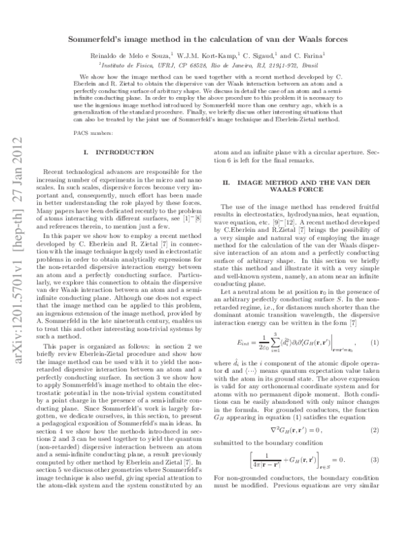 (PDF) Sommerfeld's Image Method in the Calculation of Van Der Waals Forces